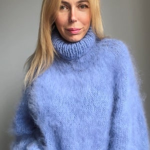 Mohair Blue Sweater, Fuzzy Sweater, Oversized Turtleneck Sweater ...