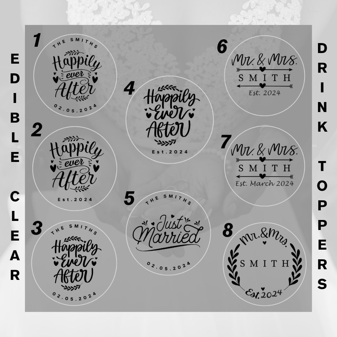 Edible Clear Wedding Drink Toppers, 16 Different Designs and 4 ...