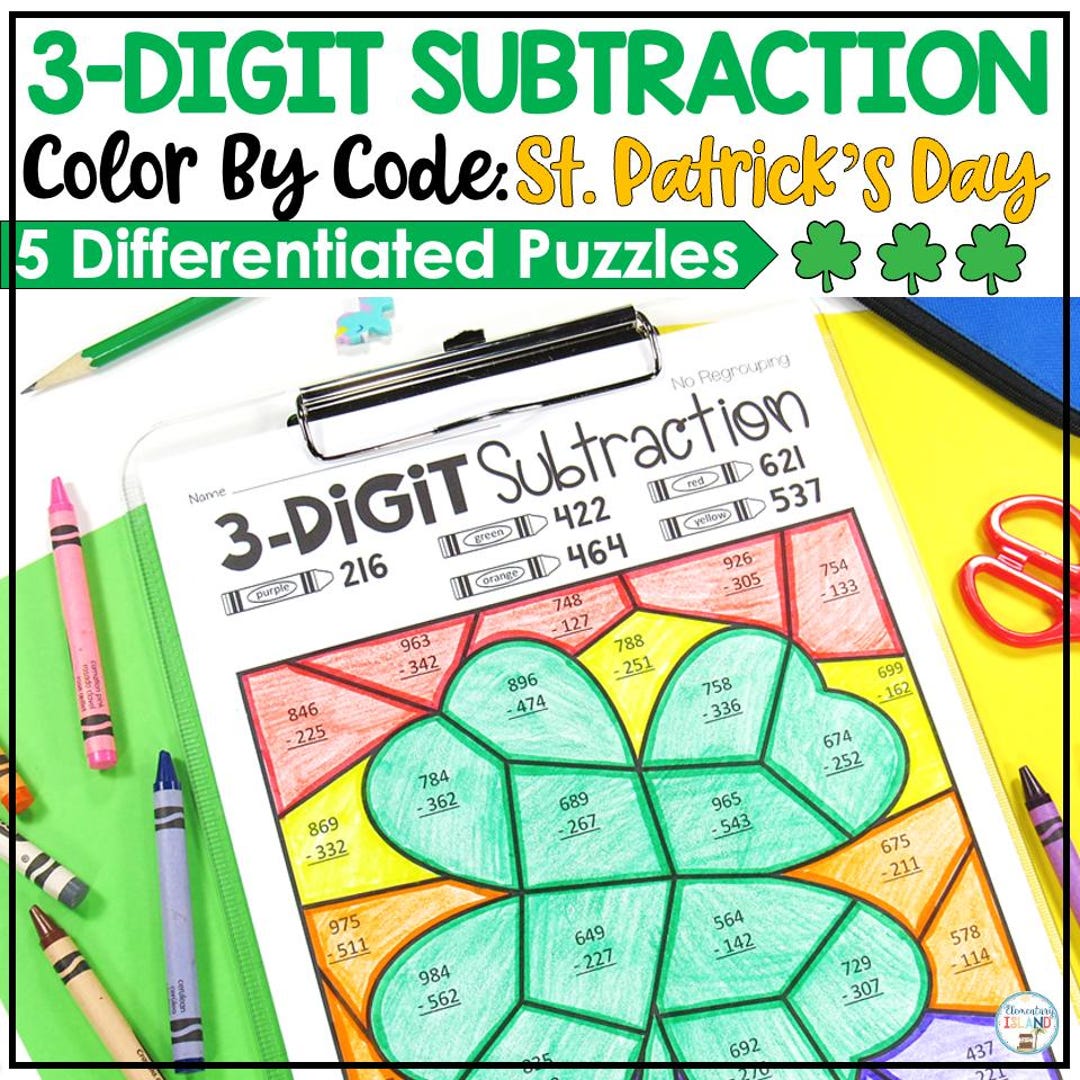 St Patricks Math Subtraction Worksheets, Color by Number & Color by ...