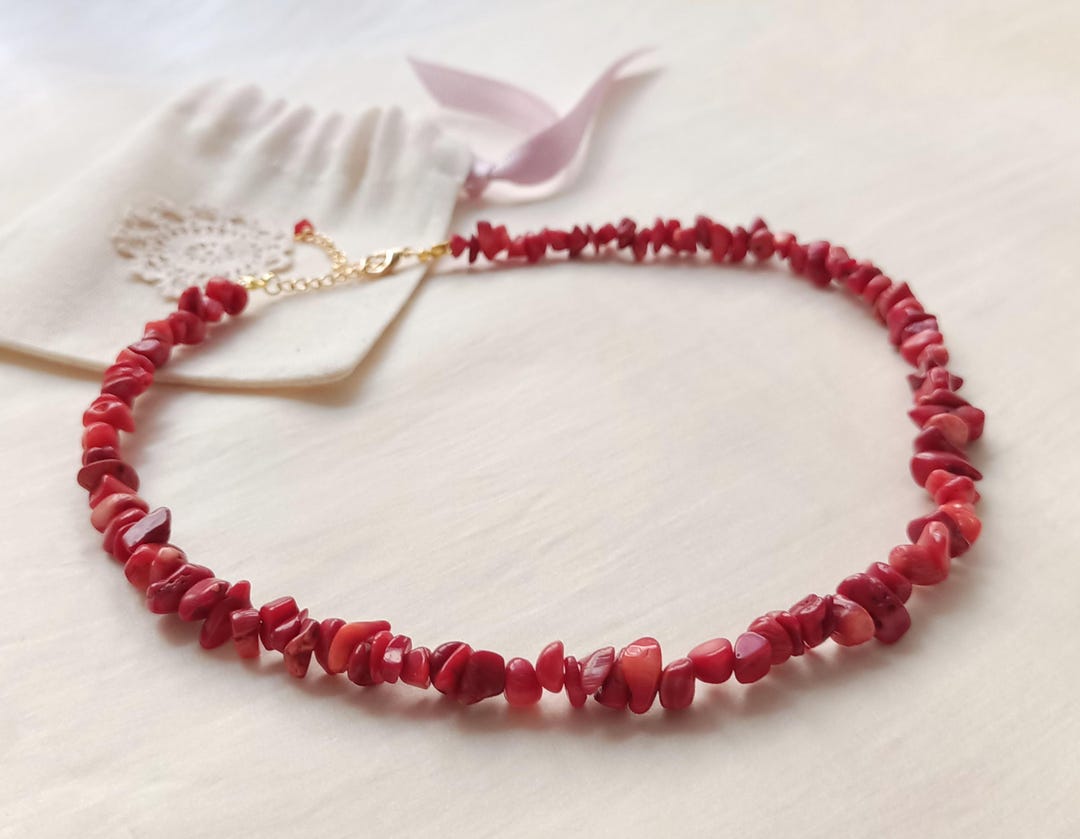 Natural Red Coral Chip Necklace, Dark Red Coral Jewelry, Red Coral ...