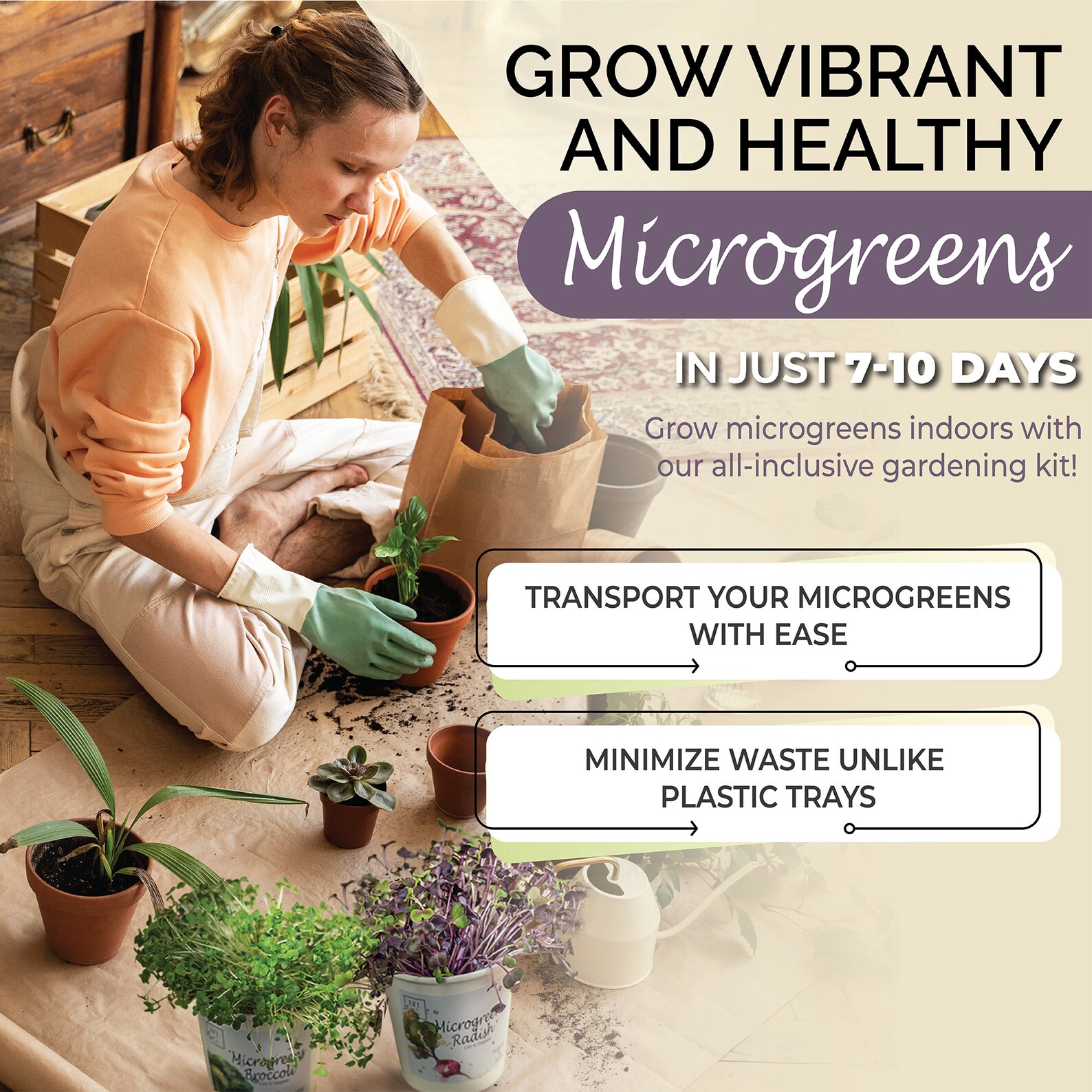 Microgreens Growing Kit Indoor, 3 Reusable Pots, 3 Organic Seed Packs ...