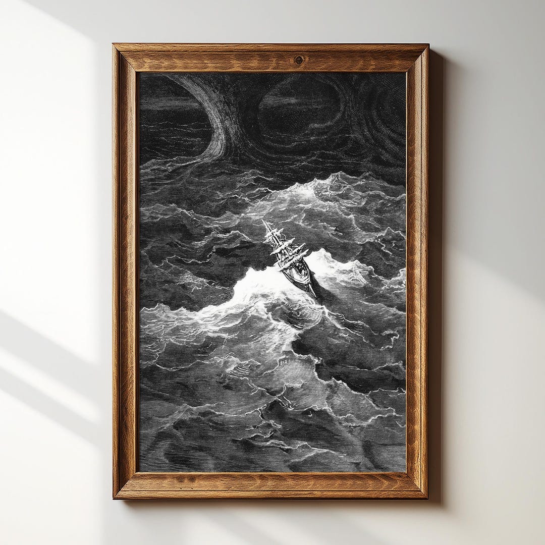 Ship Heavy Sea Gothic Illustration Engraving Print – Nautical Maritime ...
