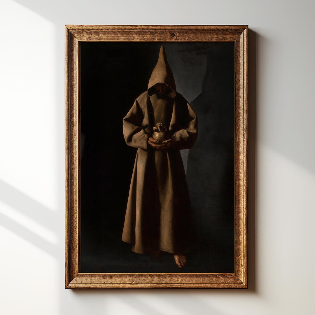 Dark Gothic Monk Skull Art – Antique Oil Painting Framed Print – Dark ...