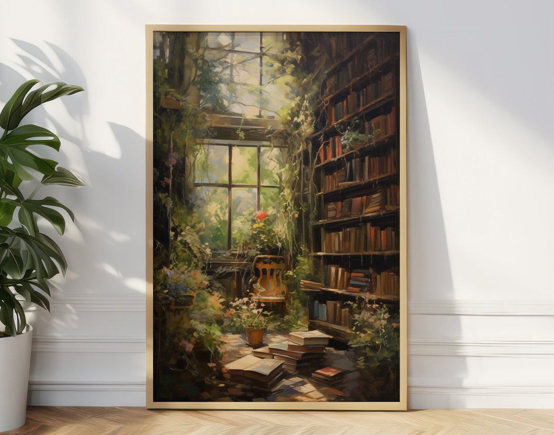 Overgrown Library Fine Art Print, Dark Academia Painting Aesthetic ...