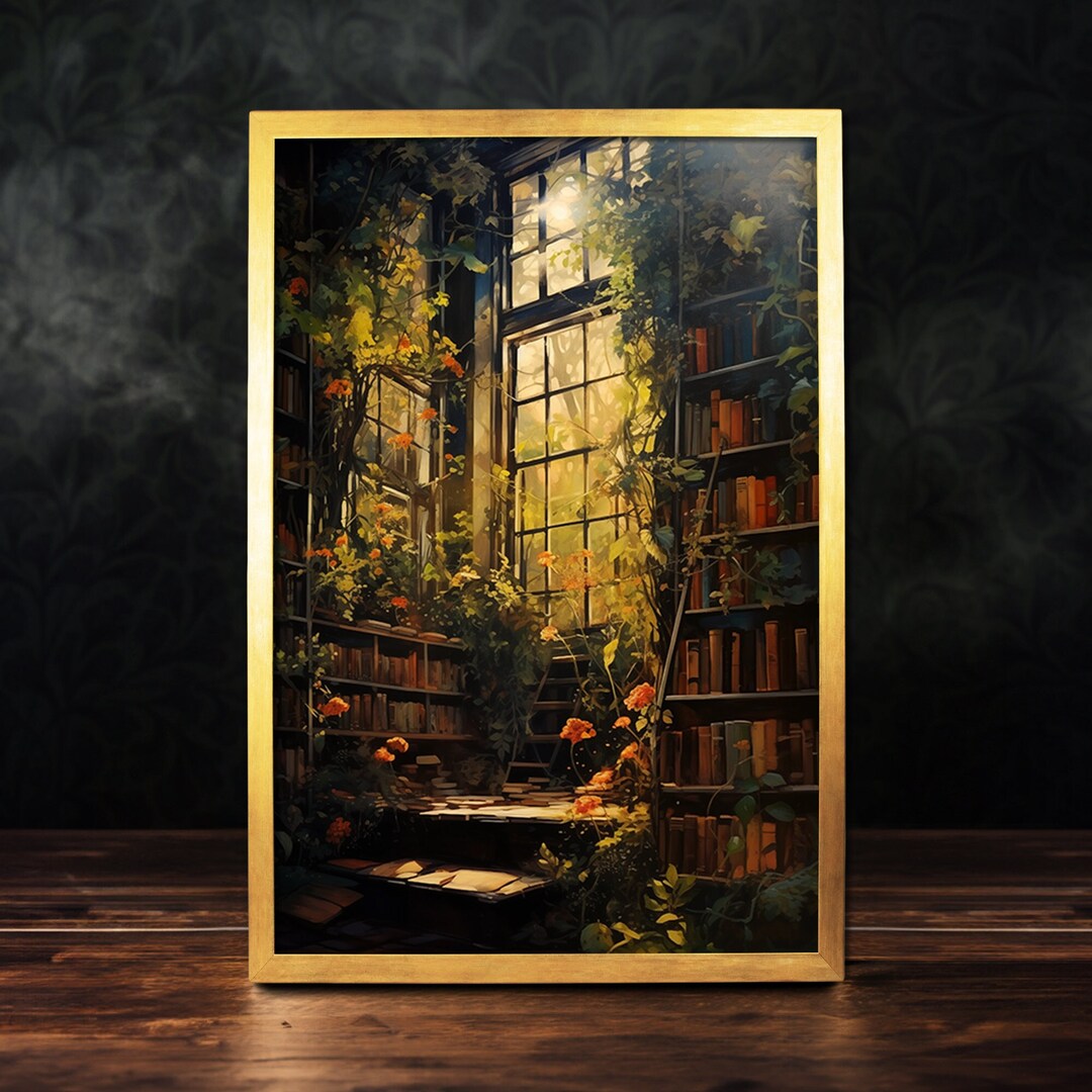Overgrown Library Fine Art Print, Dark Academia Painting Aesthetic ...