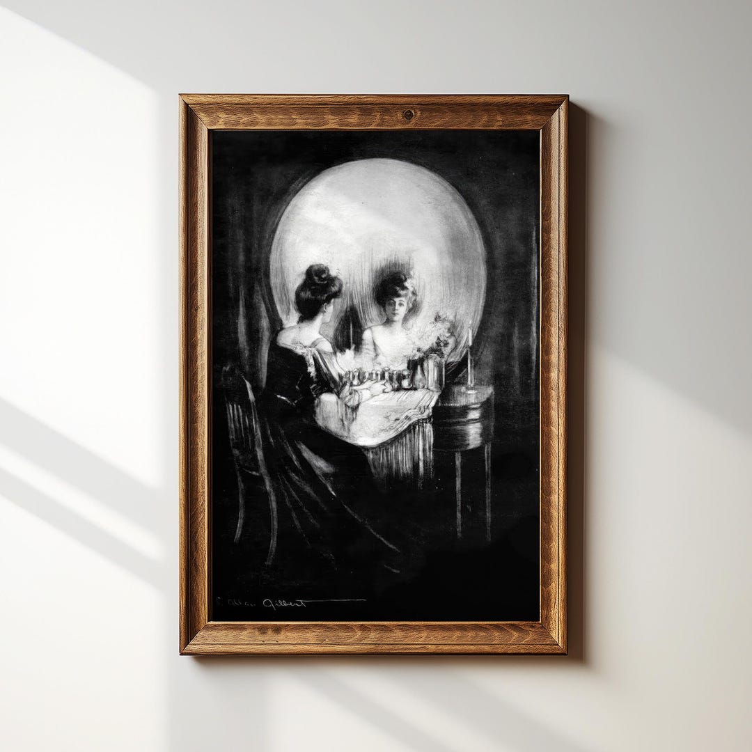 Gothic Art Vanitas Drawing Print | All is Vanity | Skull Mirror Woman ...