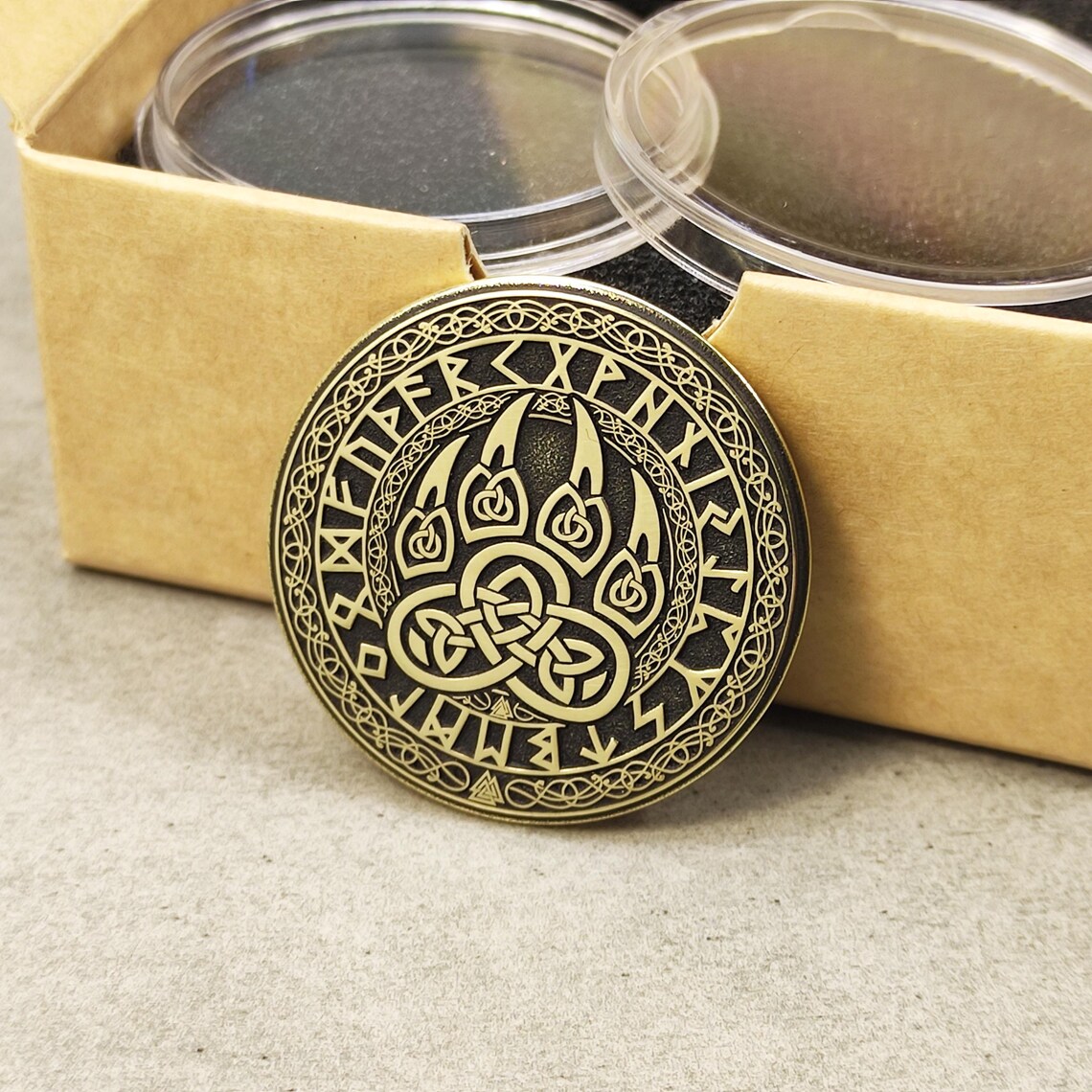 Personalized Engraved Bear Paw Coin - Custom Brass Souvenir With Runes ...