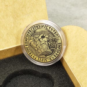 Odin God Coin With Huginn and Muninn Ravens. Norse Runes. Customizable ...
