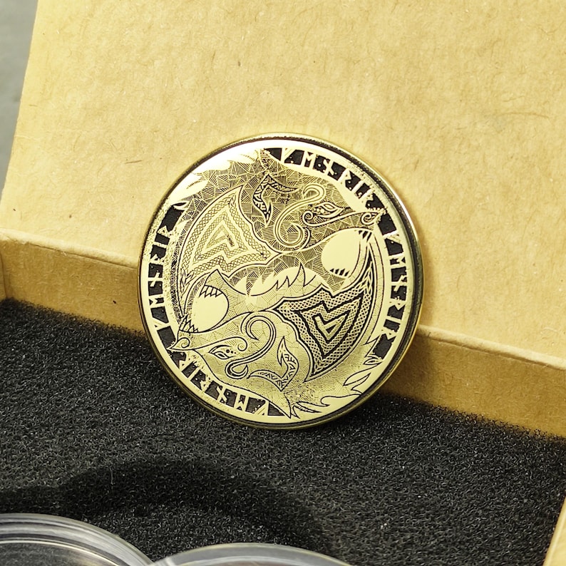 Fenrir Wolf Coin Brass Rune Mystical Engraving Powerful Norse Symbols ...