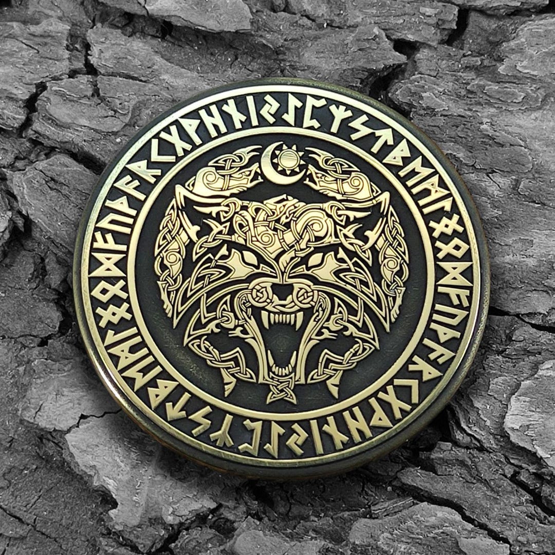 Fenrir Wolf Coin Custom Deep Engraving Brass Souvenir Keychain Pendant ...
