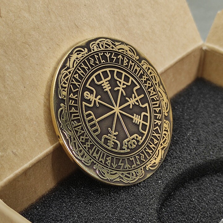 Runic Compass Vegvisir Brass Coin - Unique Scandinavian Souvenir With ...