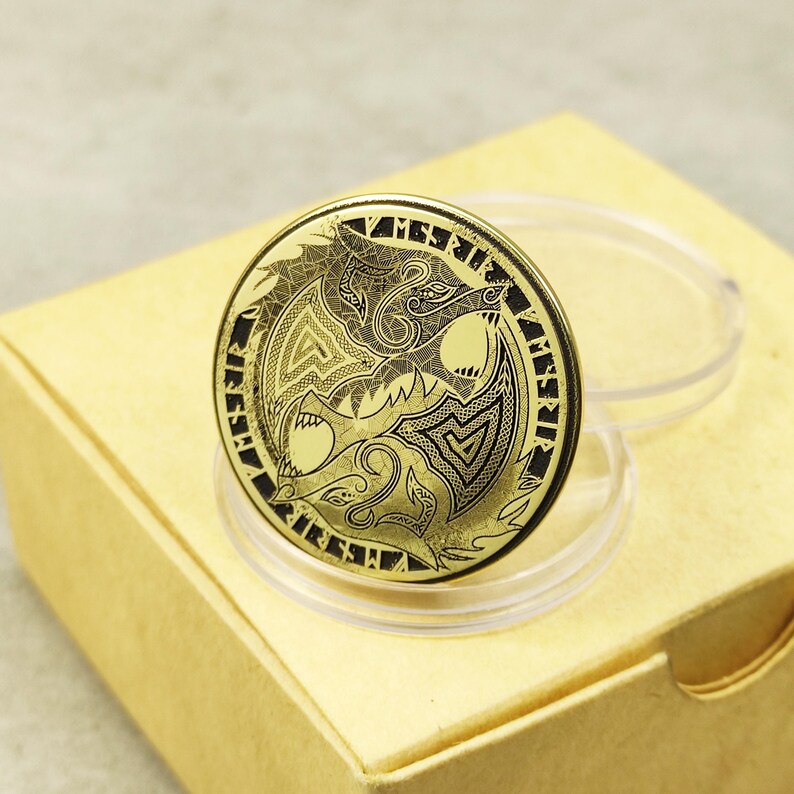 Fenrir Wolf Coin Brass Rune Mystical Engraving Powerful Norse Symbols ...