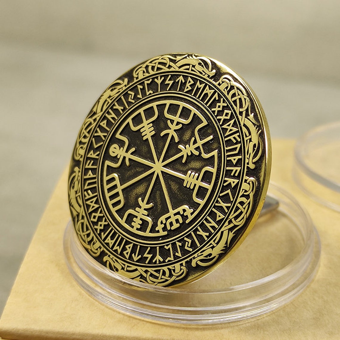 Runic Compass Vegvisir Brass Coin - Unique Scandinavian Souvenir With ...