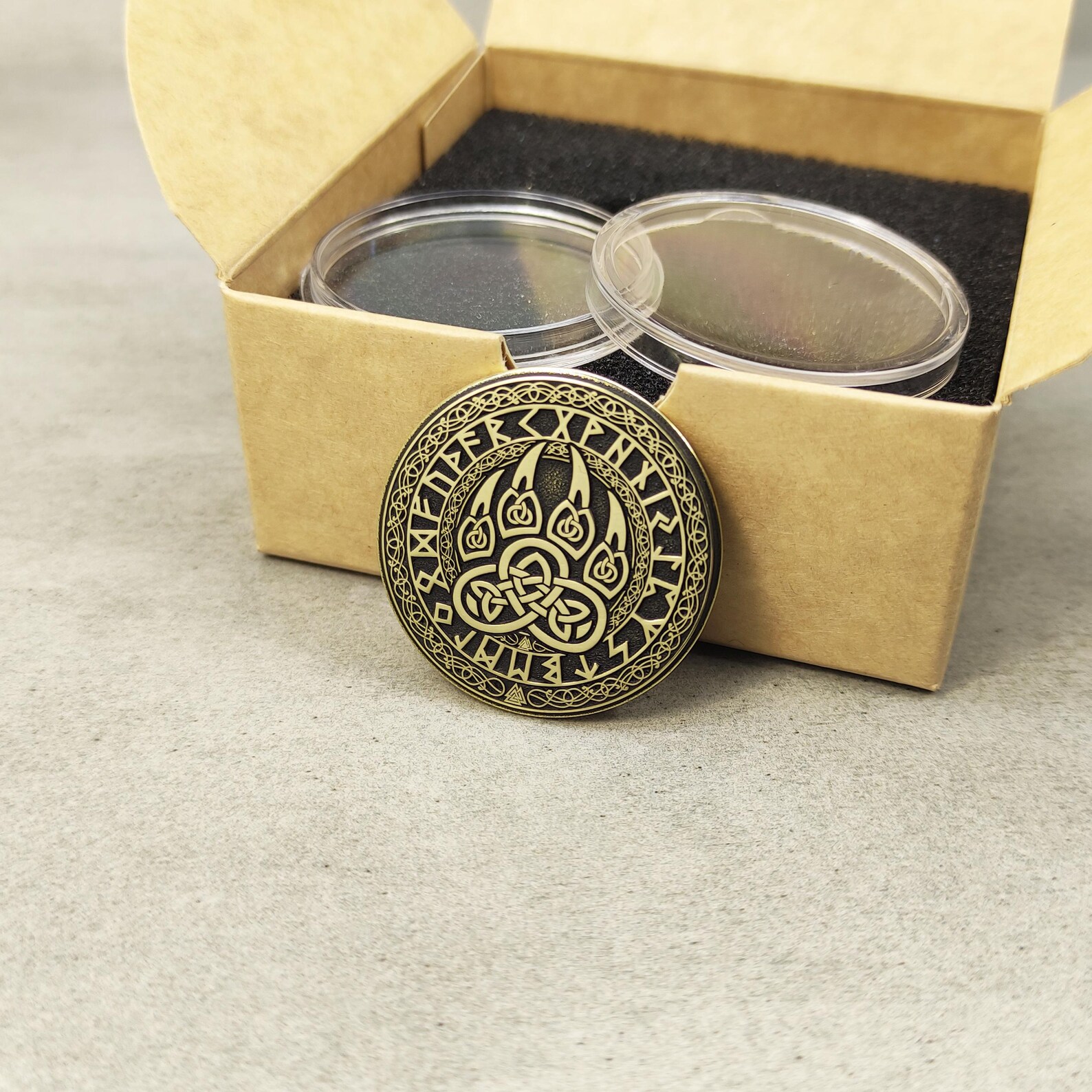 Personalized Engraved Bear Paw Coin - Custom Brass Souvenir With Runes ...