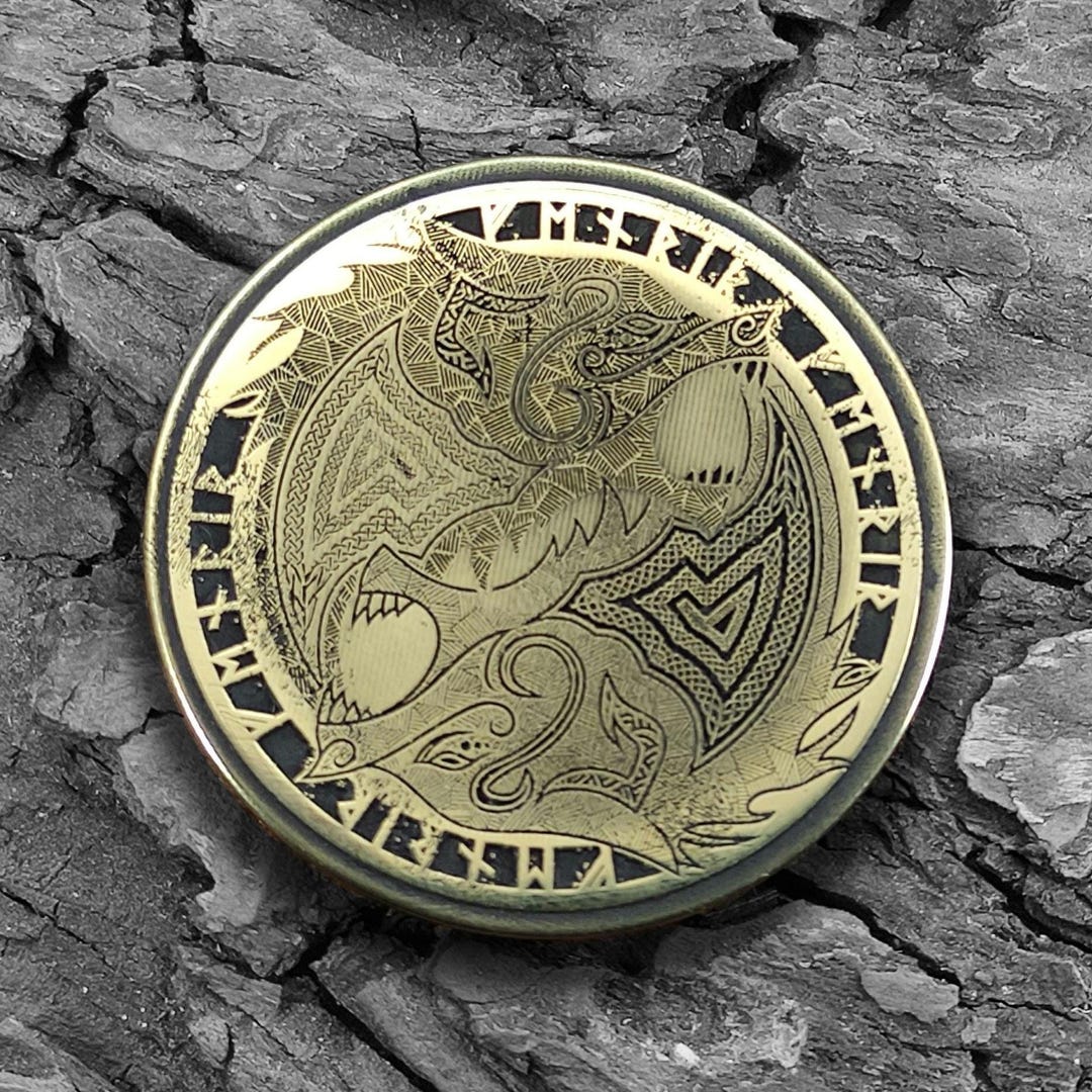 Fenrir Wolf Coin Brass Rune Mystical Engraving Powerful Norse Symbols ...