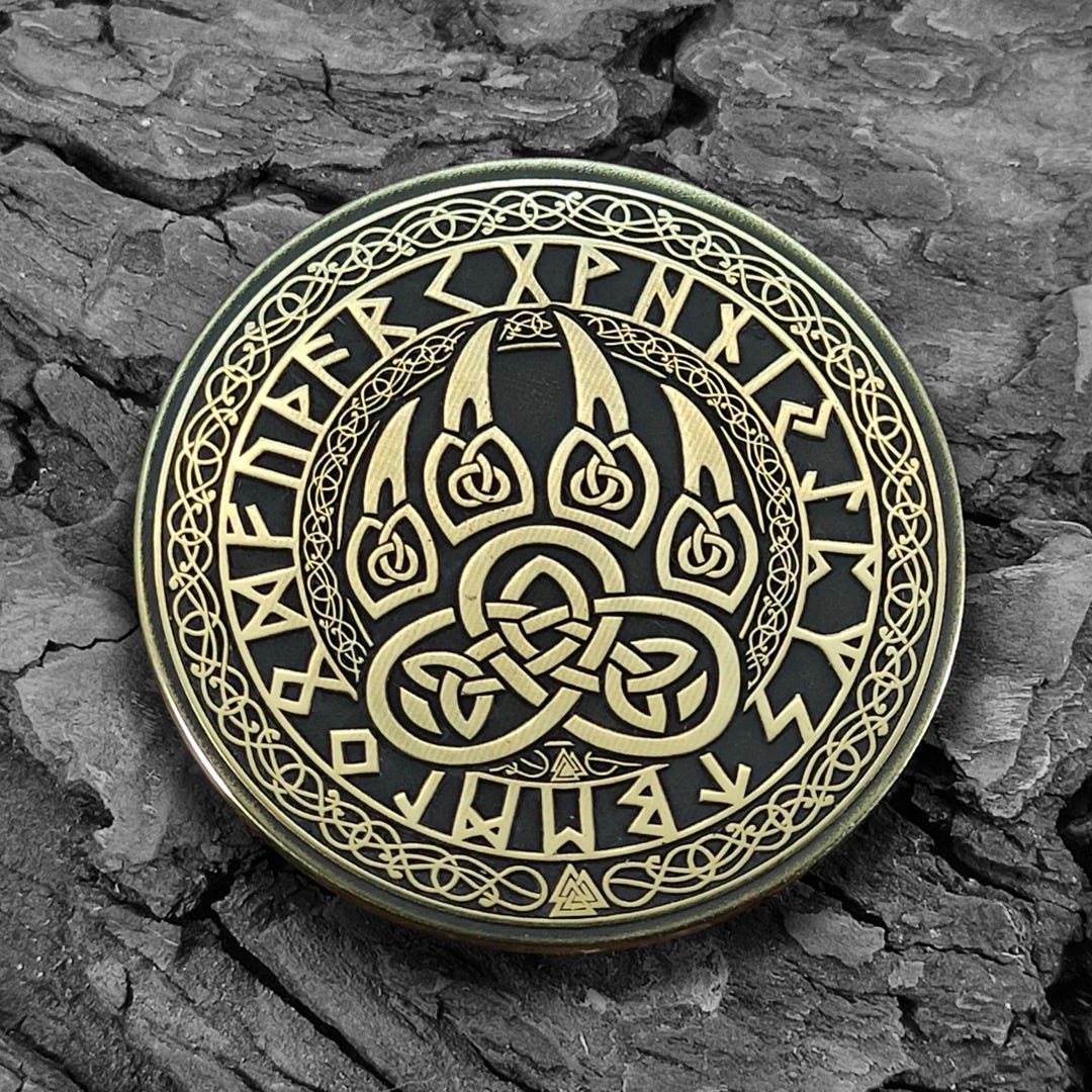 Personalized Engraved Bear Paw Coin - Custom Brass Souvenir With Runes ...