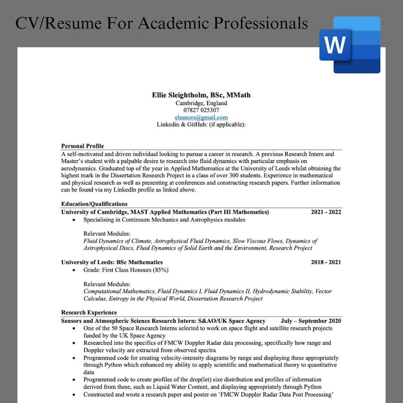 Academic Cv/resume Template - Easy to Replace CV - Etsy