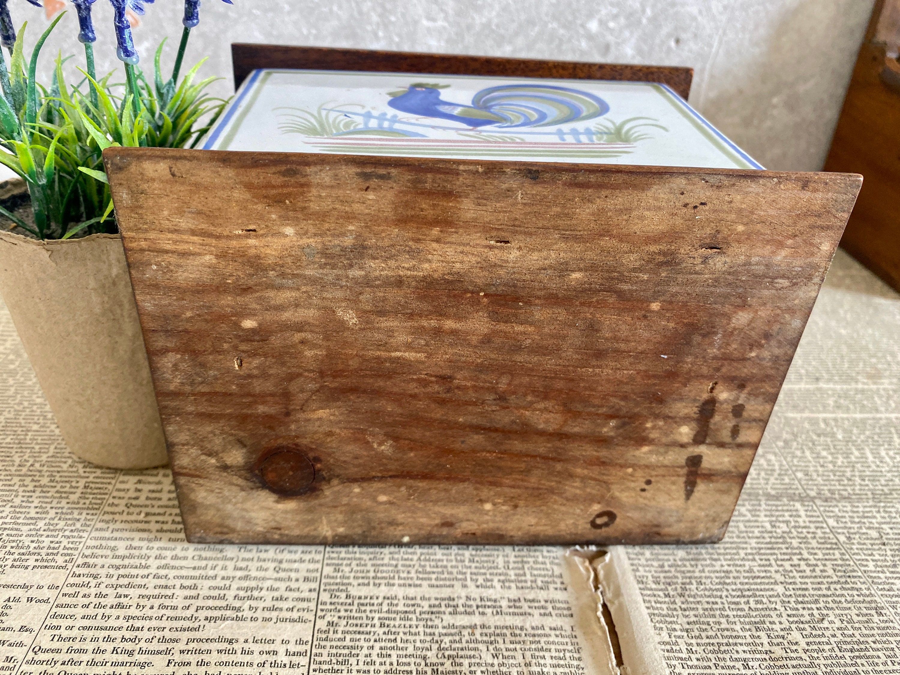 Charming Vintage French Salt Box With Rooster / Blue & White Farmhouse ...