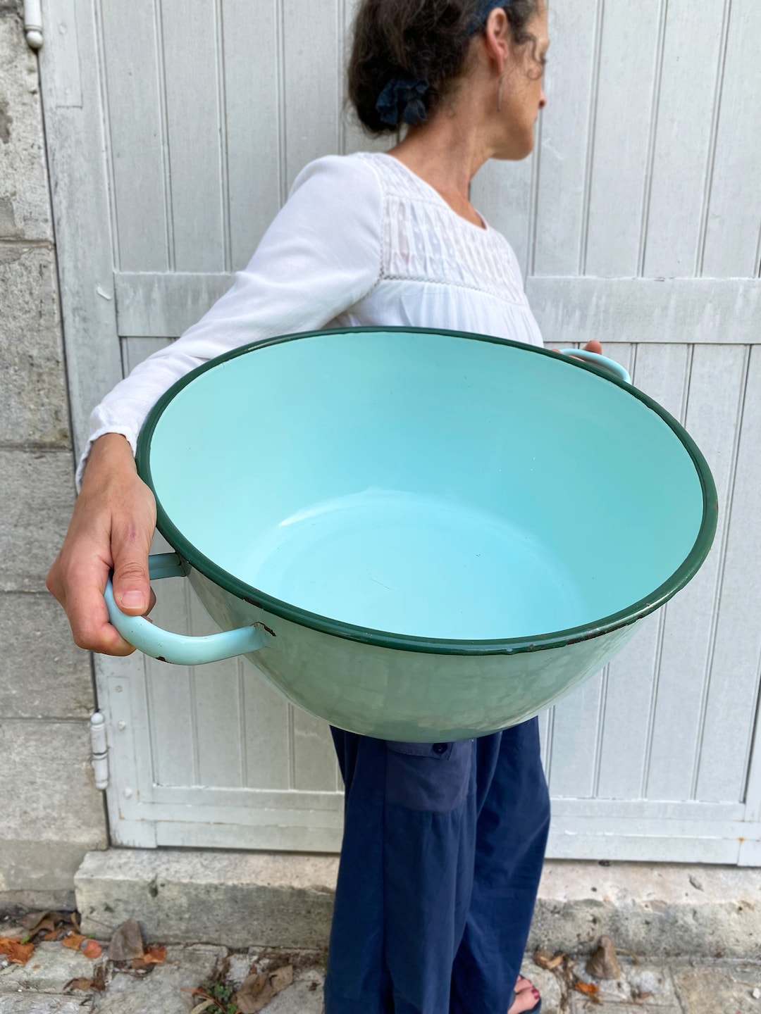 X-LARGE Vintage Enamel Wash Basin / Farmhouse Farm Mint Green Dishpan W ...