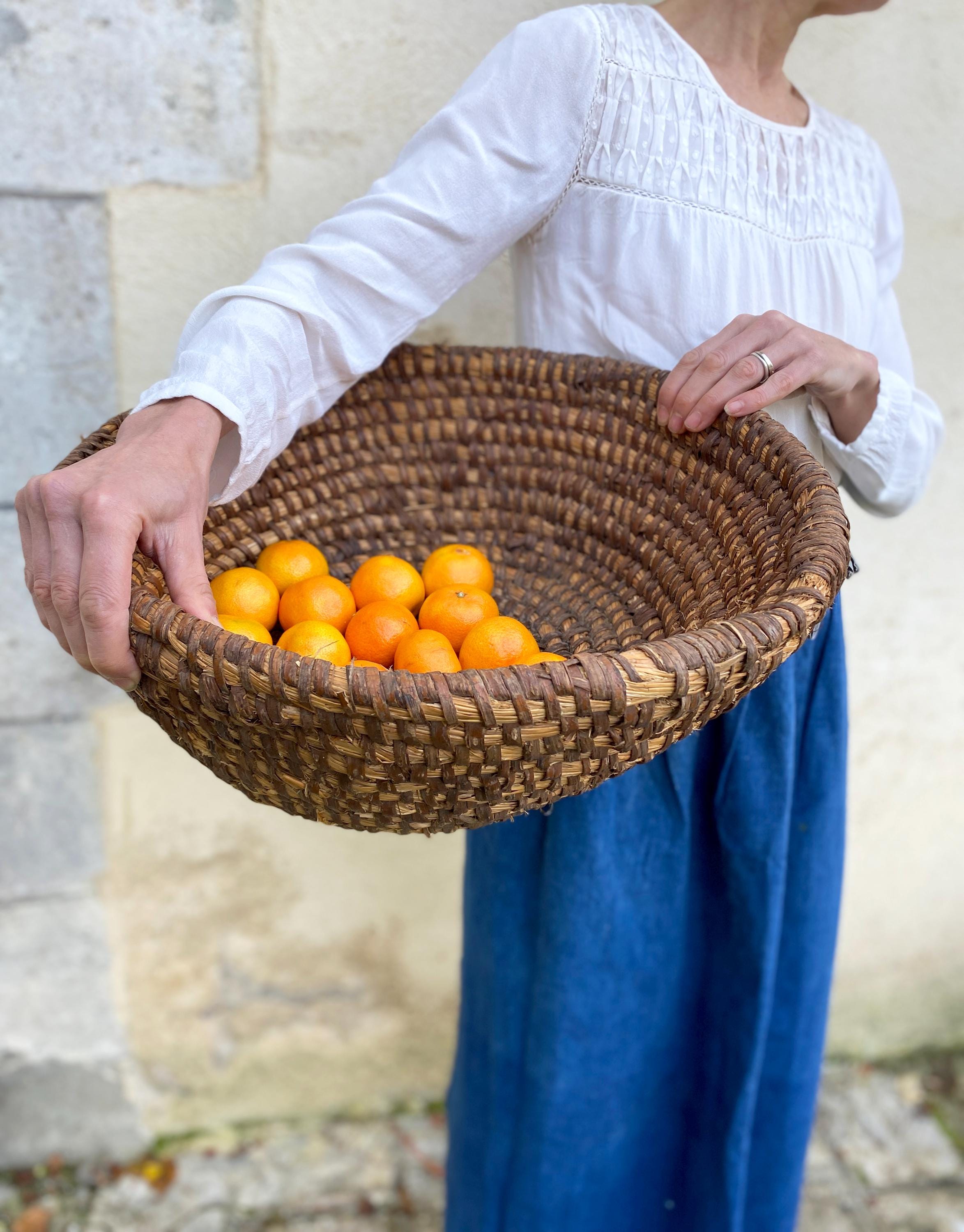 Large Antique French Coiled Rye Basket Farmhouse Straw & Bramble Basket ...
