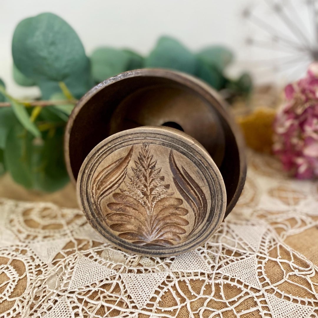 Large Antique Wood Butter Mould With Leaf Stamp | Primitive Butter ...