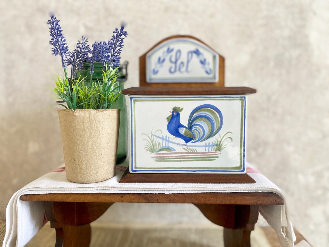 Charming Vintage French Salt Box With Rooster / Blue & White Farmhouse ...