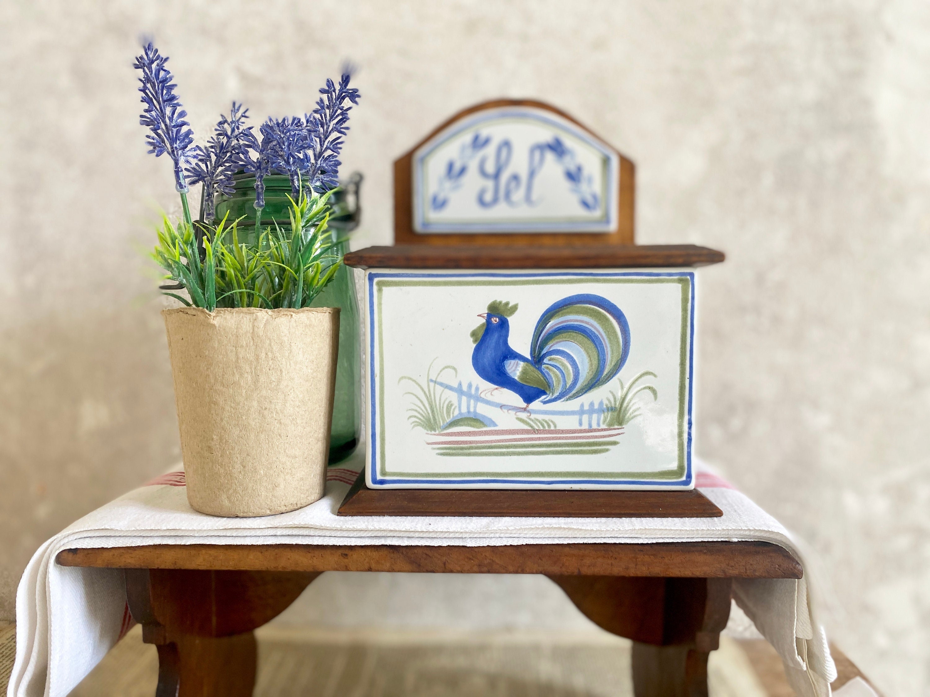 Charming Vintage French Salt Box With Rooster / Blue & White Farmhouse ...
