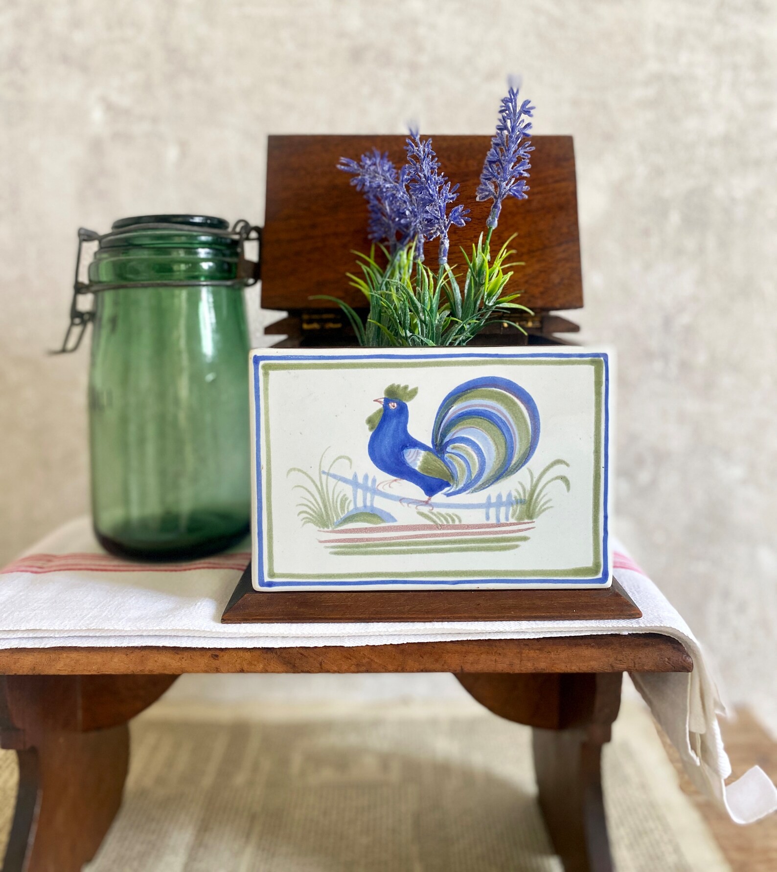 Charming Vintage French Salt Box With Rooster / Blue & White Farmhouse ...