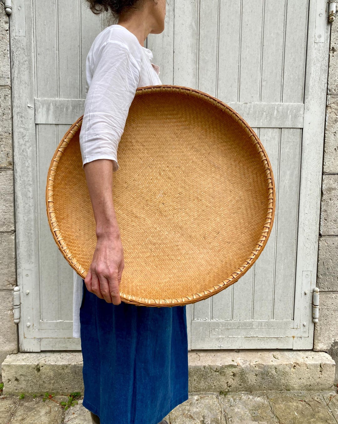 22" Vintage Bamboo Winnowing Basket | Asian Rice Sifting Basket | Large ...