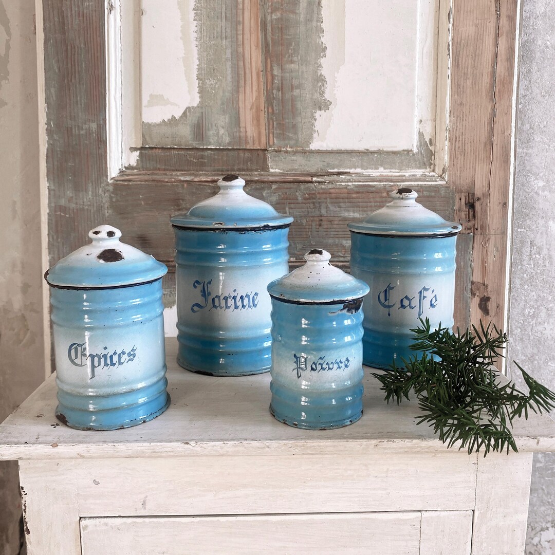 Vintage French Enamel Canister Set | 4 Blue White Kitchen Storage Jars ...
