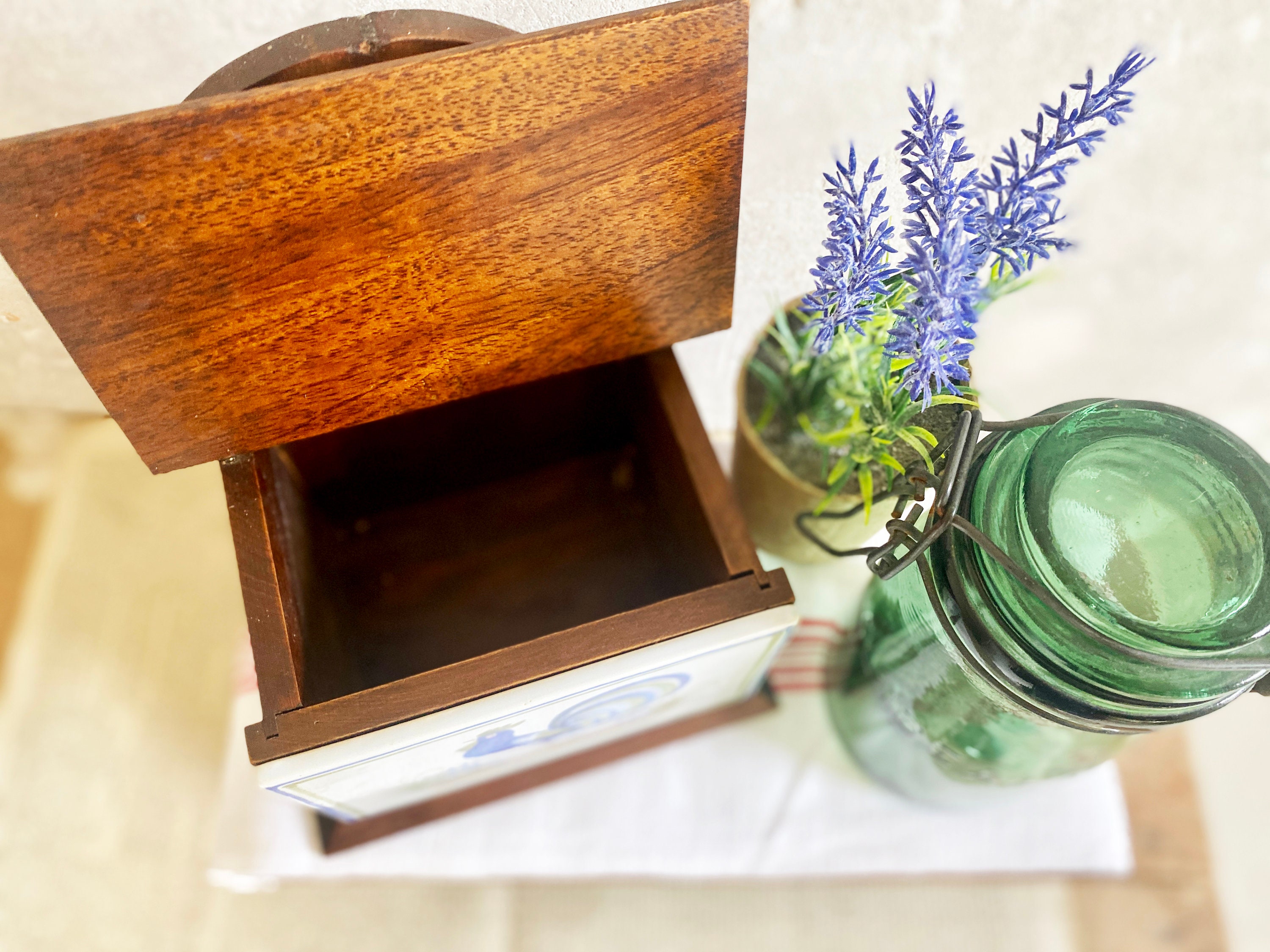 Charming Vintage French Salt Box With Rooster / Blue & White Farmhouse ...