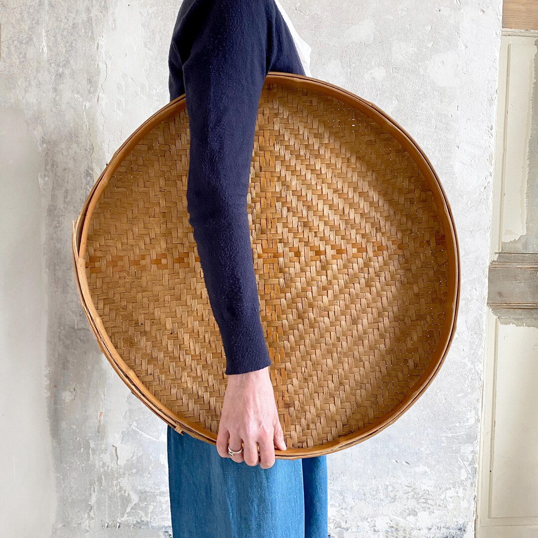 21" Vintage Woven Bamboo Herb Drying Winnowing Basket Tray | Asian Rice ...