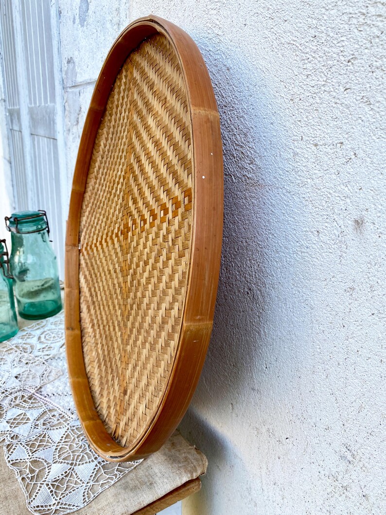 21" Vintage Woven Bamboo Herb Drying Winnowing Basket Tray | Asian Rice ...