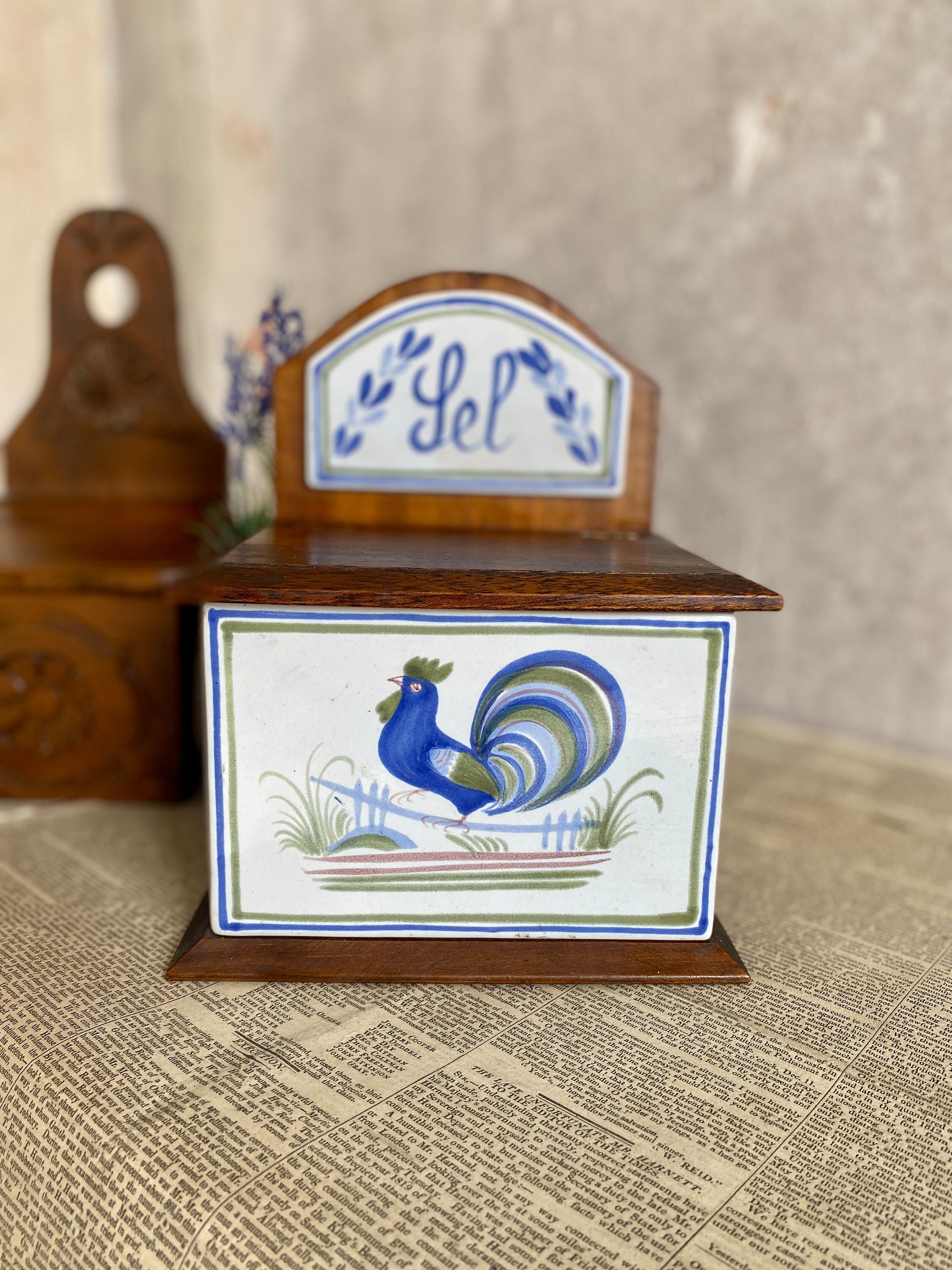 Charming Vintage French Salt Box With Rooster / Blue & White Farmhouse ...