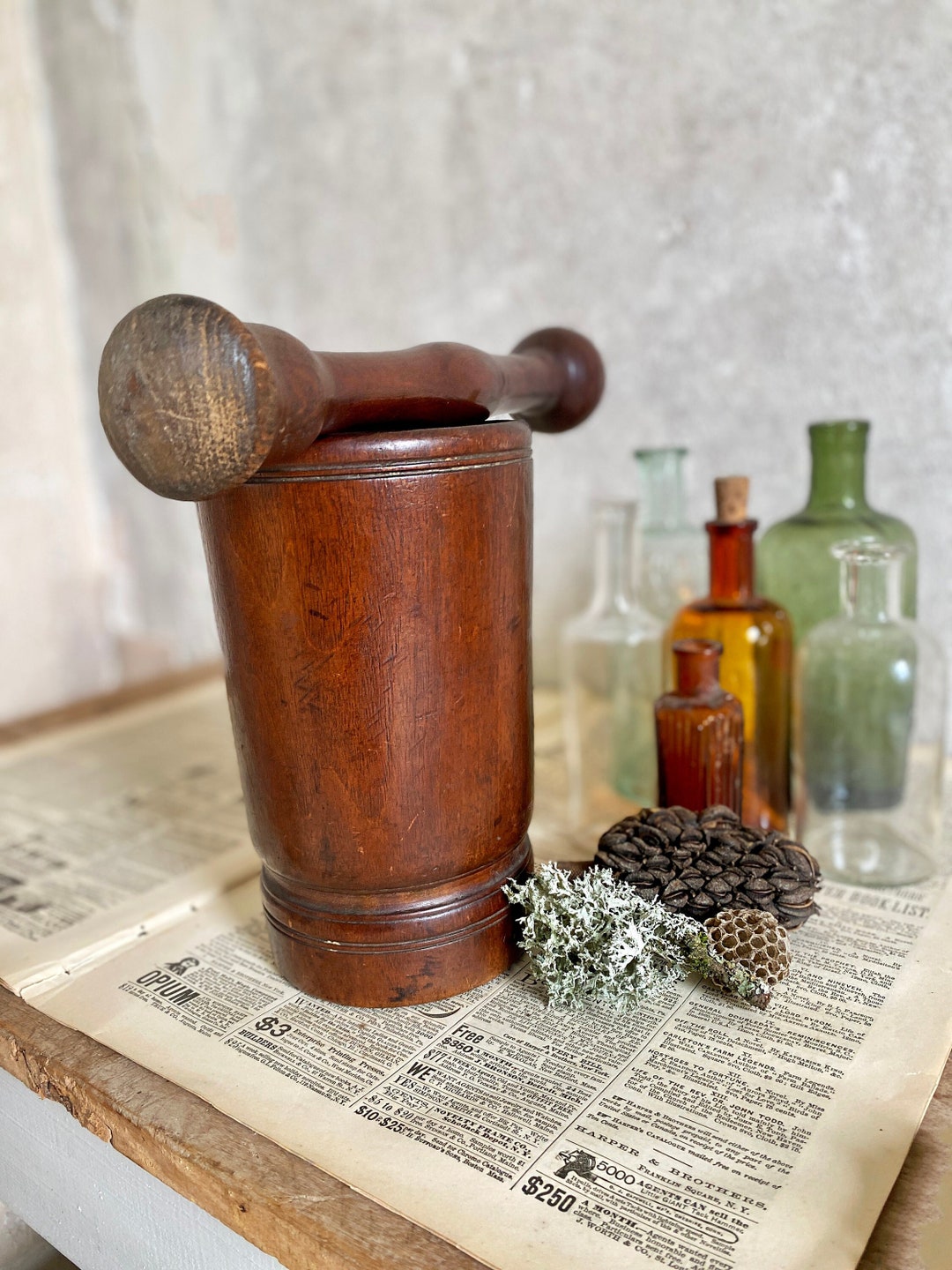 Antique French Apothecary Mortar & Pestle Aged Patina / Vintage Wood ...