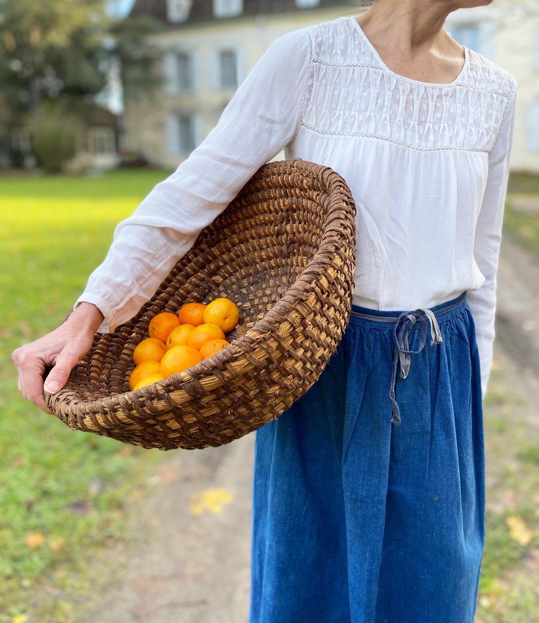 Large Antique French Coiled Rye Basket Farmhouse Straw & Bramble Basket ...