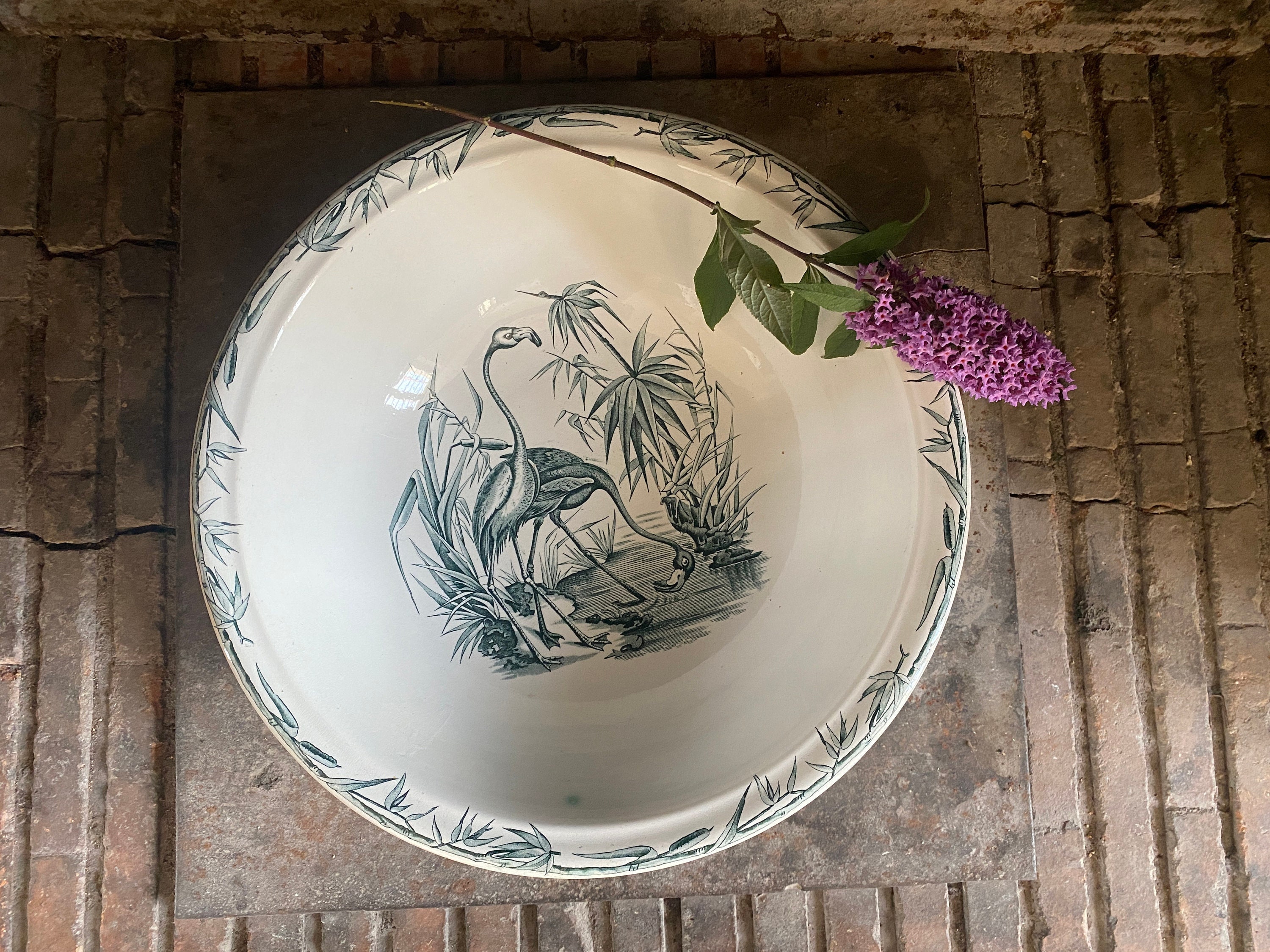 Rare Antique Ironstone Wash Basin: Vintage Flamingo Pattern Bowl ...