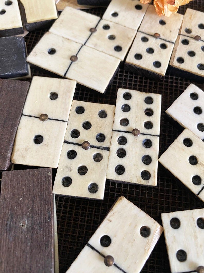 French Antique Set of 28 Dominoes: Bone and Ebony Brass Rivets ...