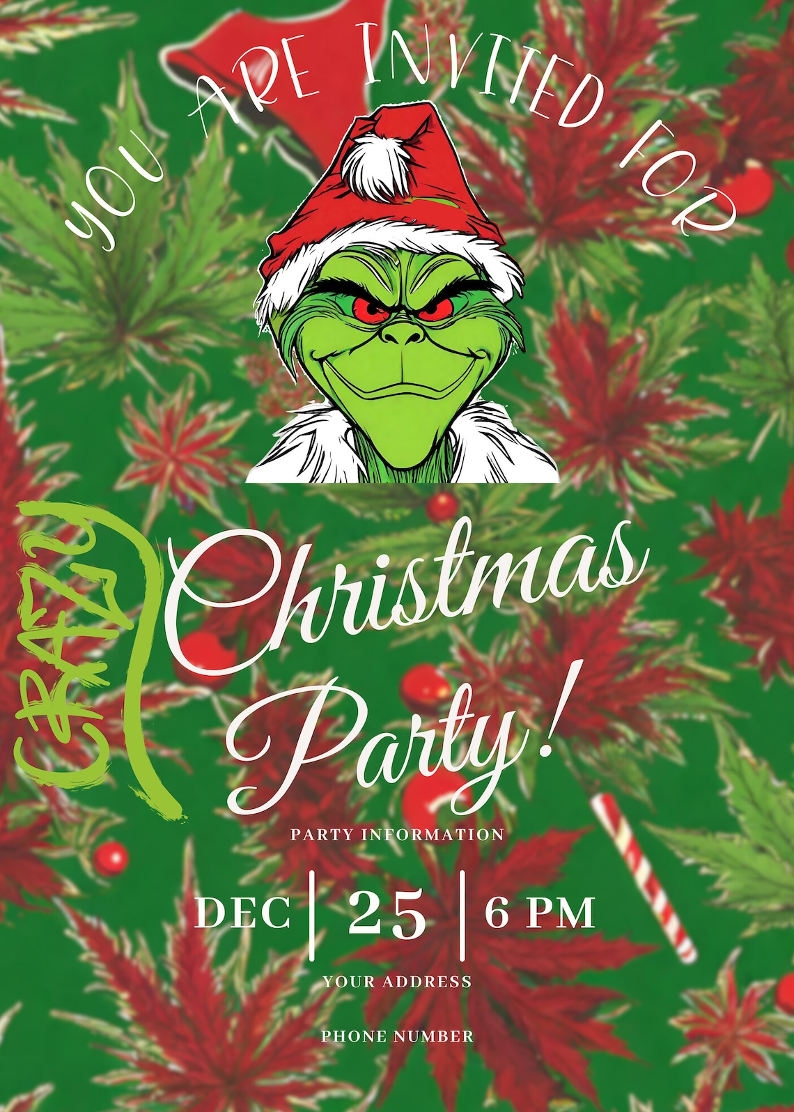 CHRISTMAS Party Invitation, EDITABLE TEMPLATE, Grinch, Weed Concept ...