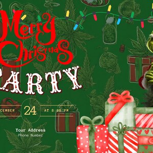 CHRISTMAS Party Invitation, Grinch, Weed Concept, EDITABLE TEMPLATE ...