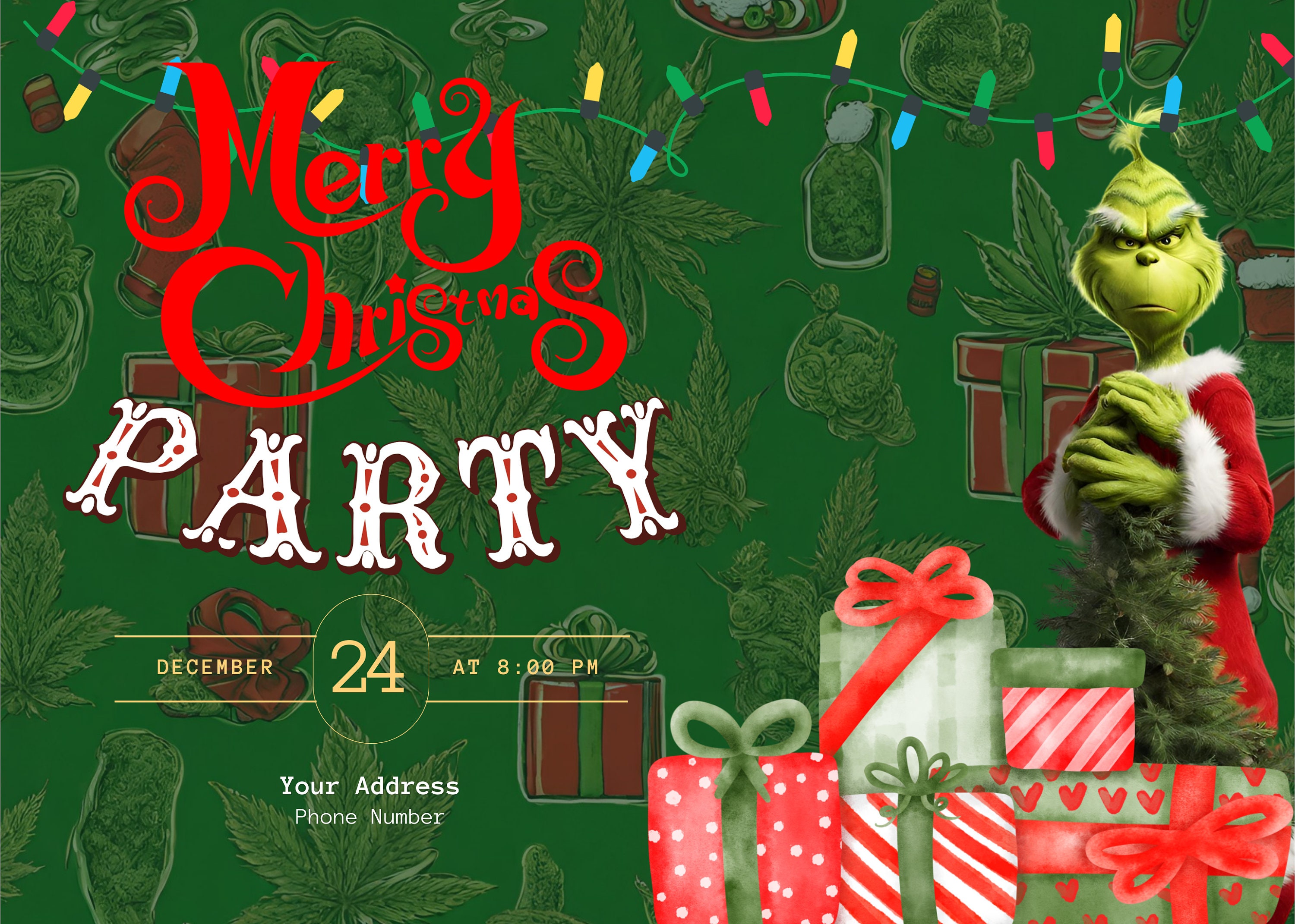 CHRISTMAS Party Invitation, Grinch, Weed Concept, EDITABLE TEMPLATE ...