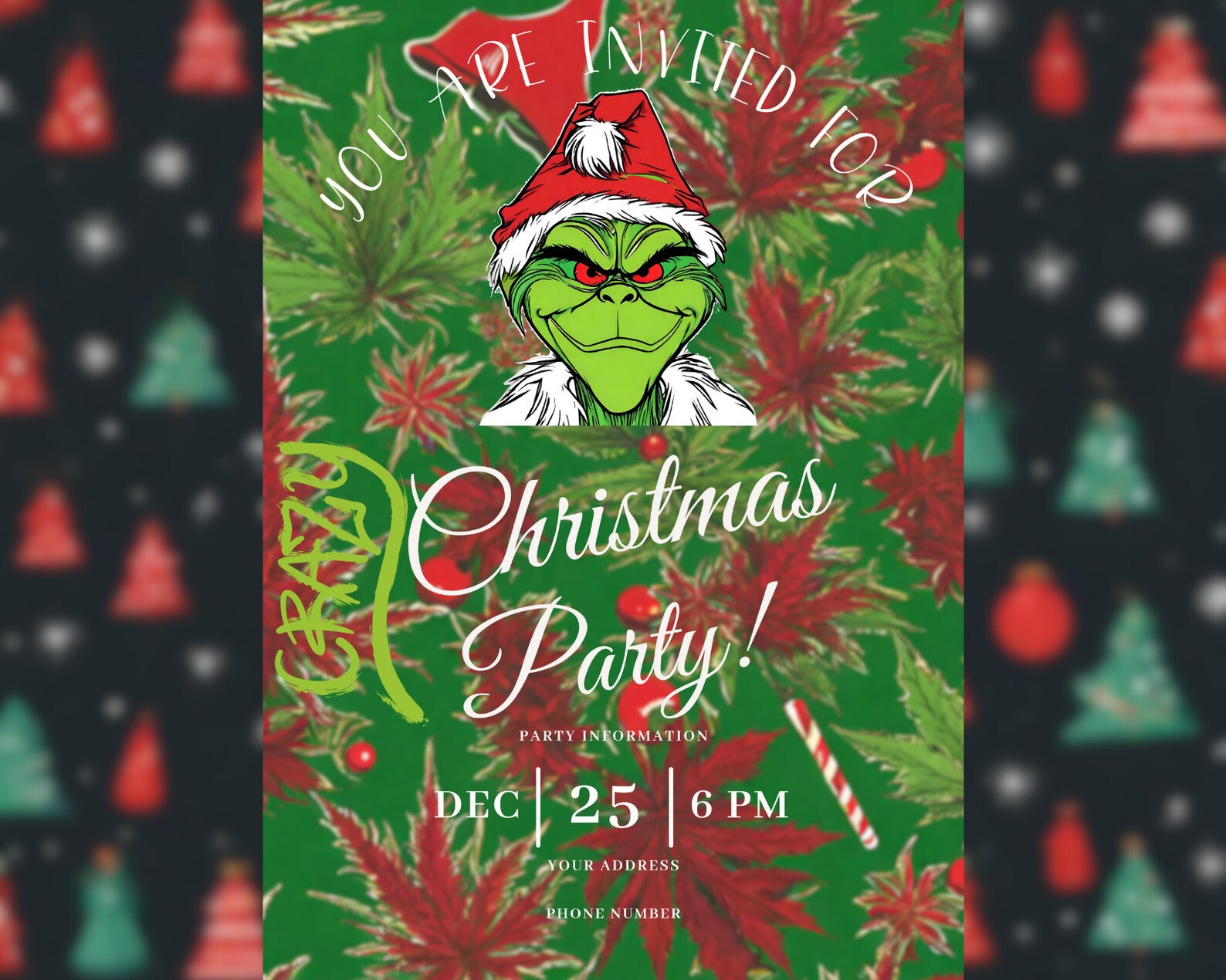CHRISTMAS Party Invitation, EDITABLE TEMPLATE, Grinch, Weed Concept ...