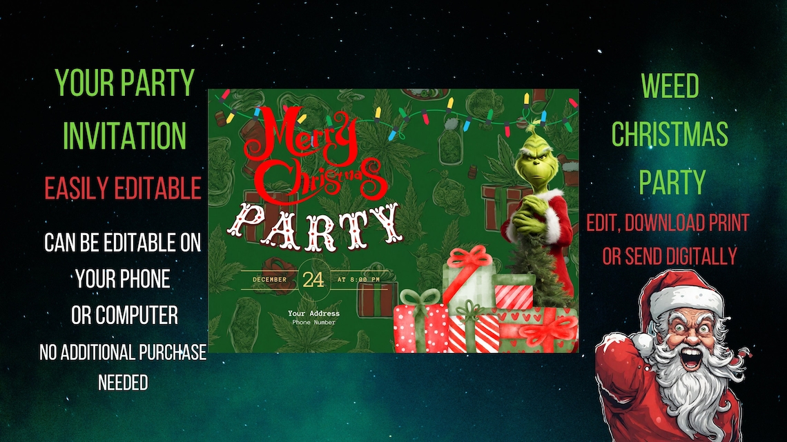 CHRISTMAS Party Invitation, Grinch, Weed Concept, EDITABLE TEMPLATE ...