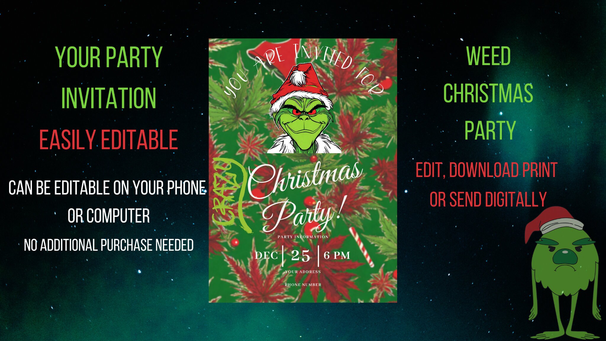 CHRISTMAS Party Invitation, EDITABLE TEMPLATE, Grinch, Weed Concept ...
