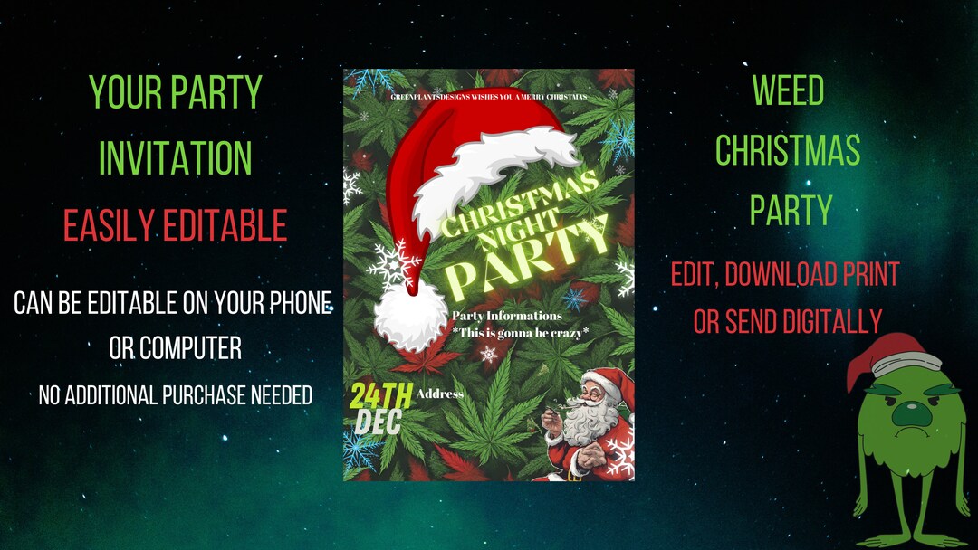 CHRISTMAS Party Invitation, Weed Concept, EDITABLE TEMPLATE, Instant ...