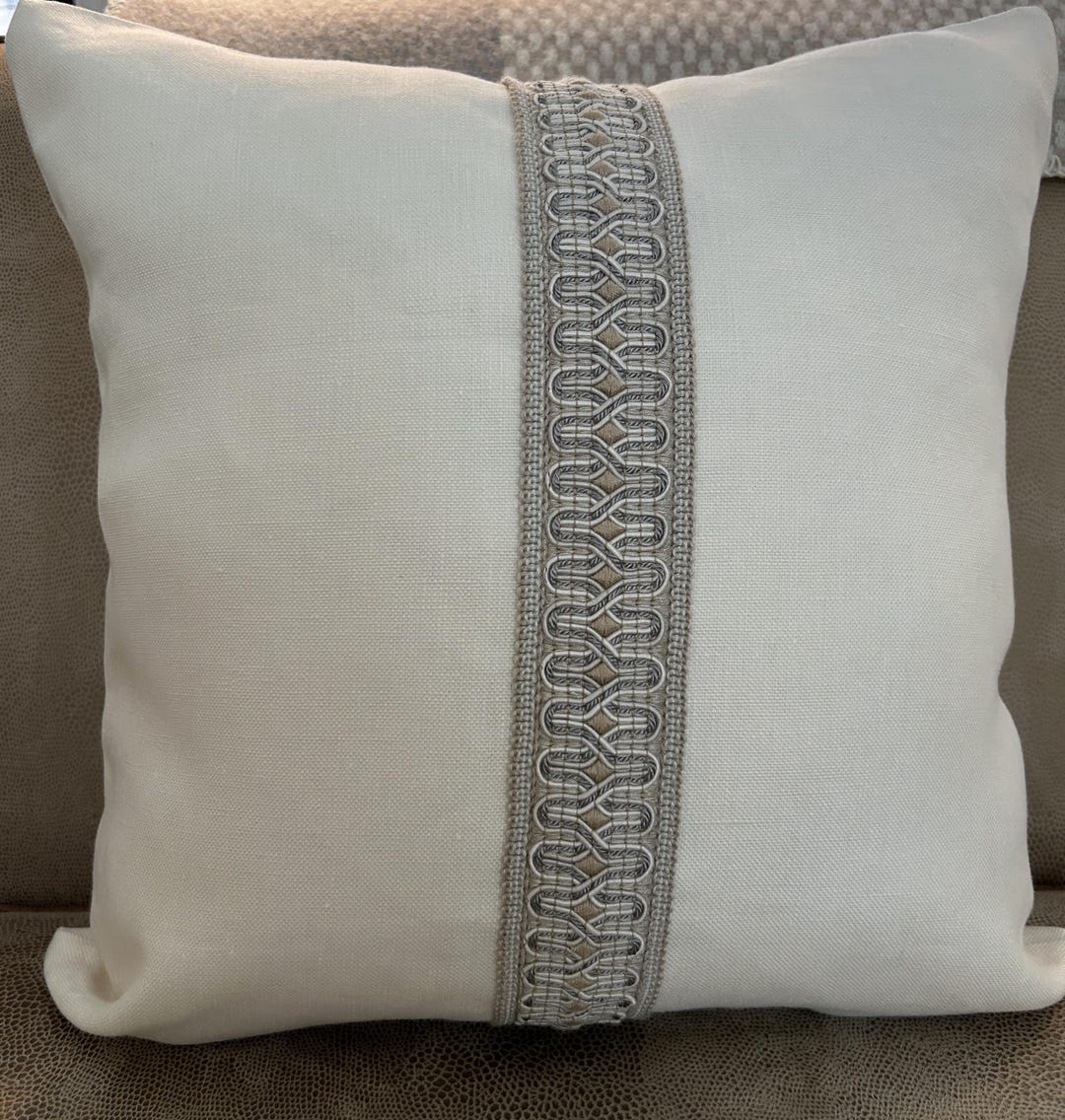 Creamy White Linen Pillow Cover With Wide Embroidered Beige Trim - Etsy