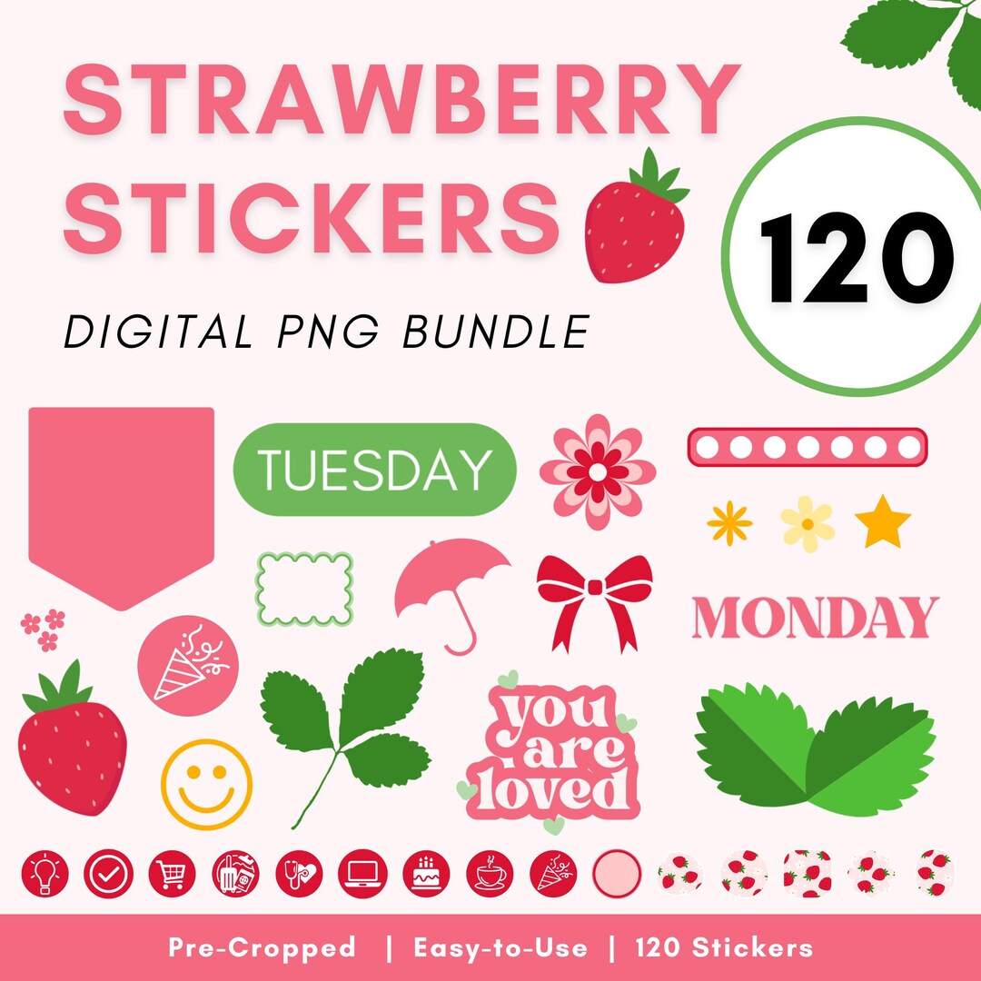 120 Digital Strawberry Sticker Pack: PNG Cute Pink Stickers for ...