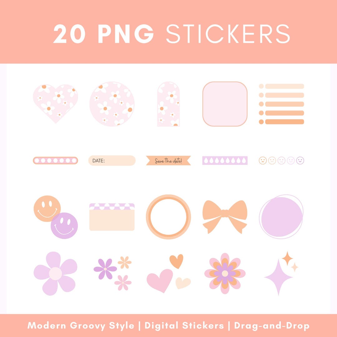 20 Pastel Digital Stickers PNG | Cute Groovy Planner Stickers for ...