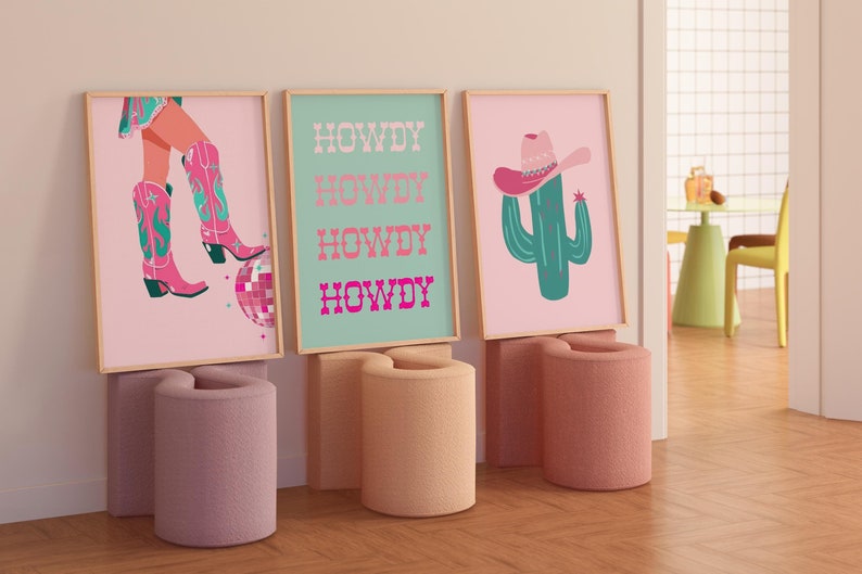 Pink Disco Cowgirl Print Set of 3, Western Cowgirl Art, Trendy College ...