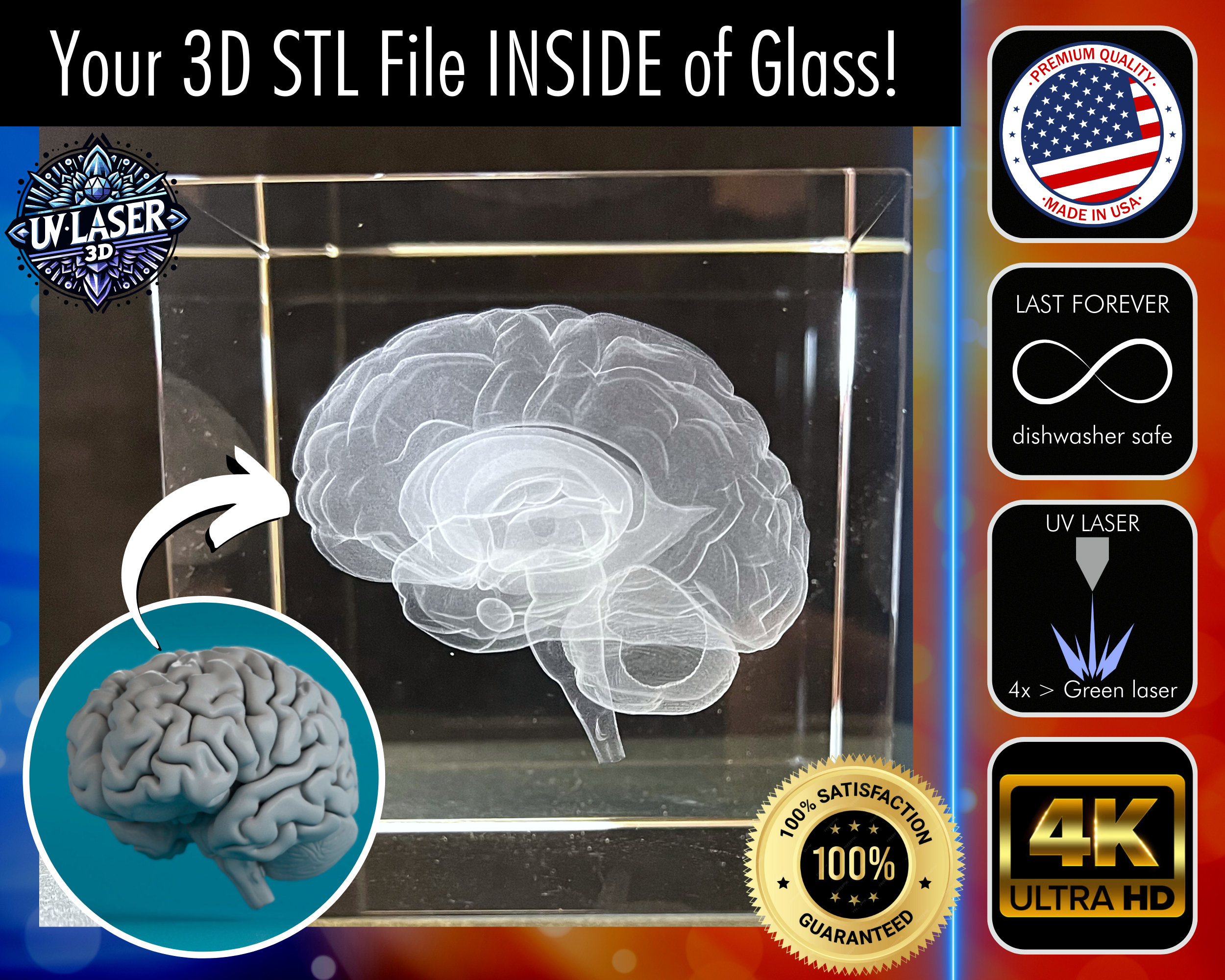 Full 3D Image in Glass From STL/OBJ - UV Laser, 4x Quality, 4"x4"x2" - Etsy